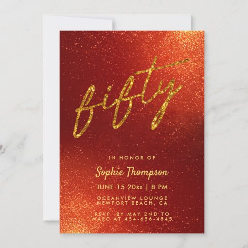 Red Gold Glitter Calligraphy Elegant 50th Birthday Invitation | Zazzle