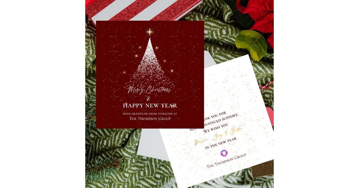 Red Gold Glitter Christmas New Year Corporate Note Card | Zazzle