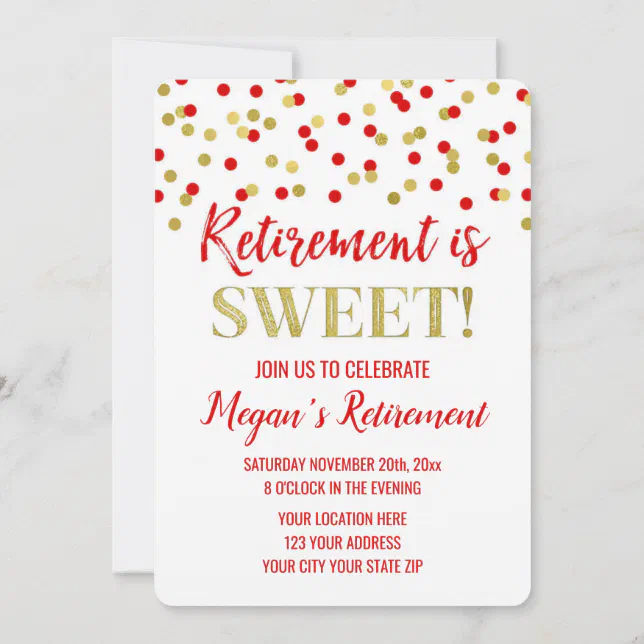 Red Gold Glitter Confetti Retirement Party Invitation | Zazzle