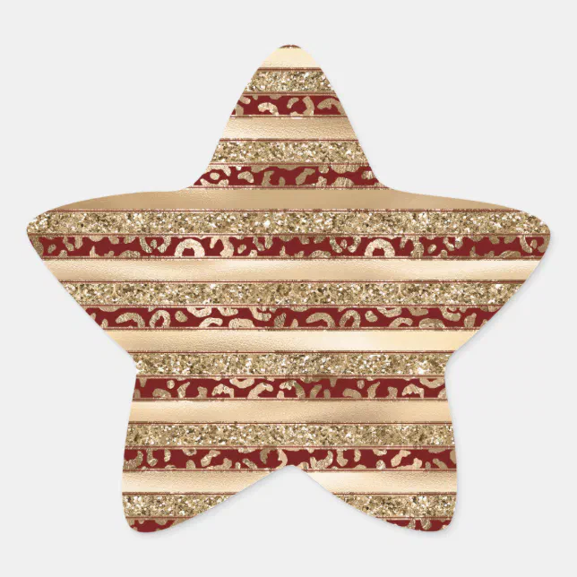 Red Gold Glitter Leopard Print Stripes Star Sticker | Zazzle