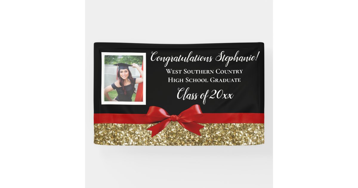 Red Gold Glitter Photo Graduation Banner Sign | Zazzle