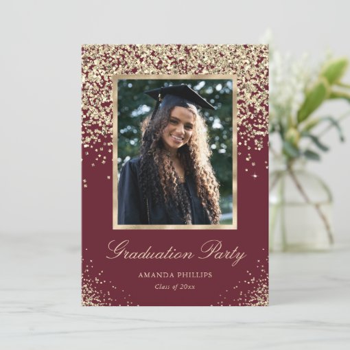 Red Gold Glitter Photo Graduation Party Invitation | Zazzle
