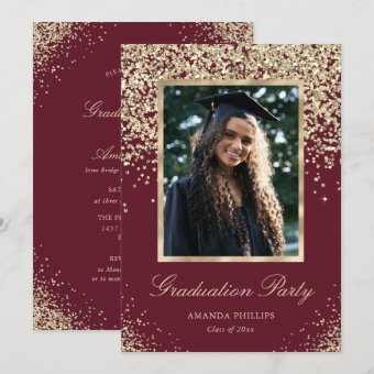 Red Gold Glitter Photo Graduation Party Invitation | Zazzle