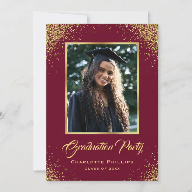 Red Gold Glitter Photo Graduation Party Invitation | Zazzle