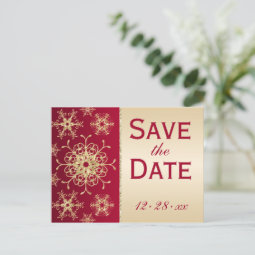 Red Gold Glitter Snowflakes Save the Date Postcard | Zazzle