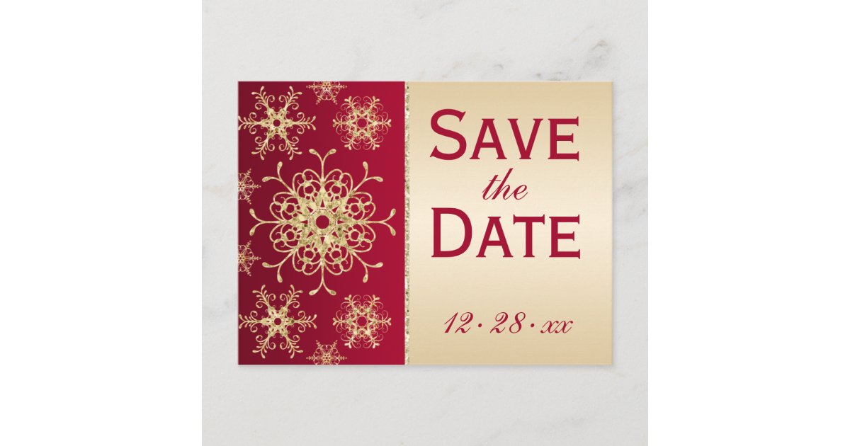 Red Gold Glitter Snowflakes Save the Date Postcard | Zazzle