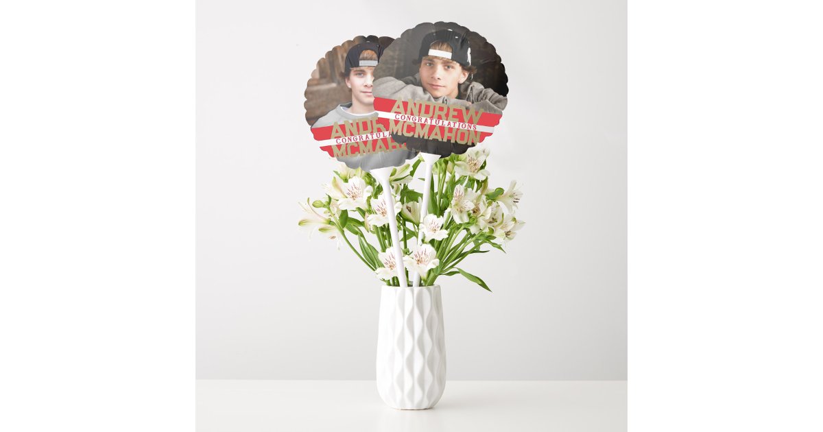 Red & Gold Graduation Double Photo Centerpiece Balloon | Zazzle