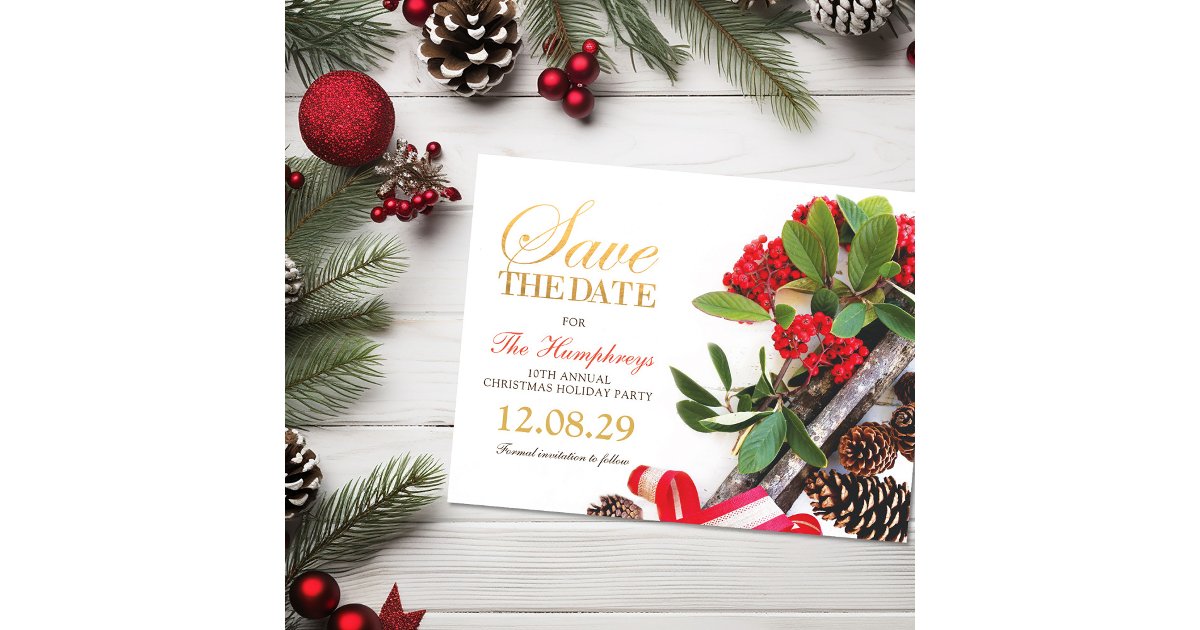 Red Gold Green Christmas Party Save the Date Announcement Postcard | Zazzle
