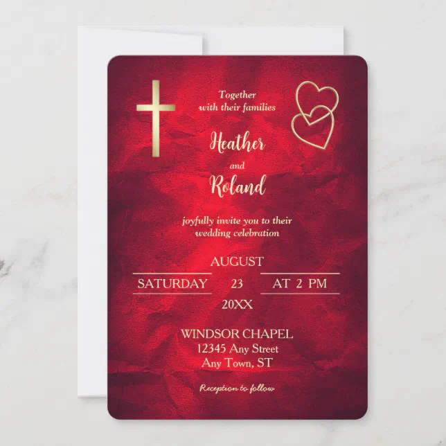 Red Gold Hearts Christian Cross Wedding Invitation | Zazzle