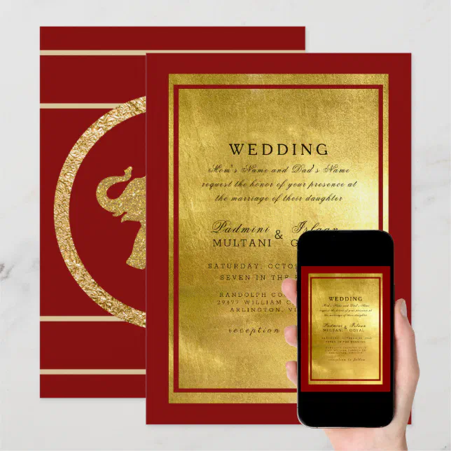 Red & Gold Indian Elephant Wedding Invitation | Zazzle