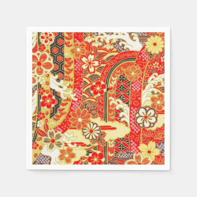 Red Gold Japanese Kimono Floral Decoupage Paper Napkins | Zazzle
