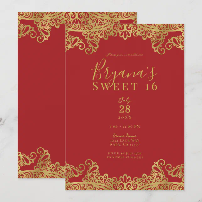 Red & Gold Lace Elegant Sweet 16 Party Invitation | Zazzle