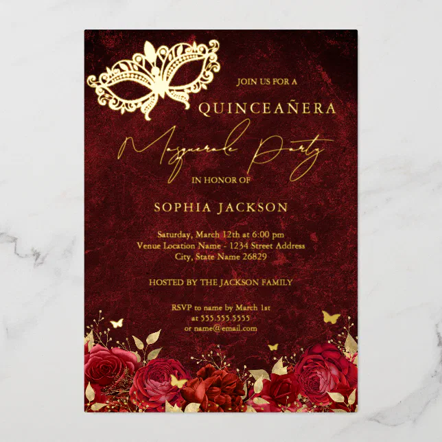 Red Gold Mask Masquerade Party Rose Quinceanera Foil Invitation | Zazzle