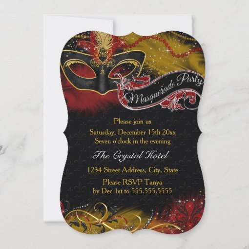 Red & Gold Mask Sparkle Masquerade Invitation | Zazzle