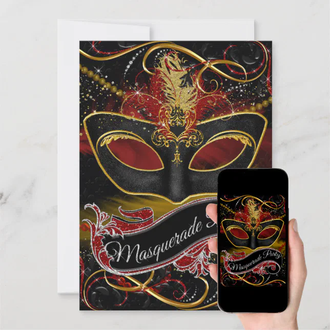 Red & Gold Mask Sparkle Masquerade Invite | Zazzle
