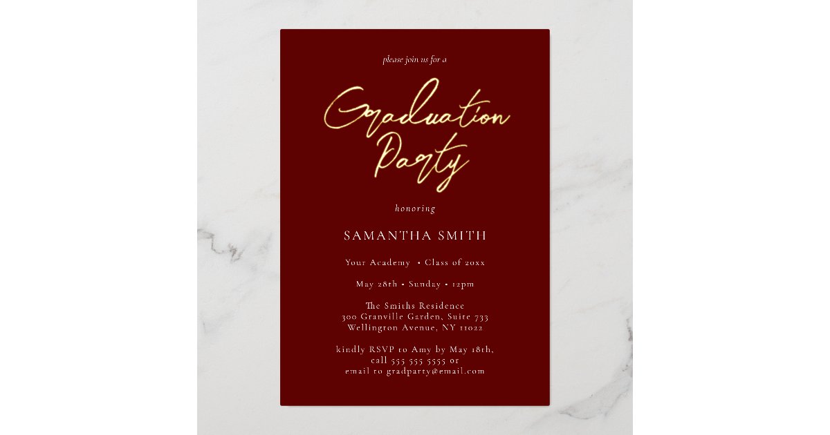 Red Gold Modern Calligraphy Graduation Party Foil Invitation | Zazzle
