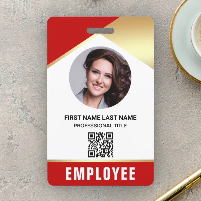 Red Gold Name Photo QR Code Employee ID Card Badge | Zazzle