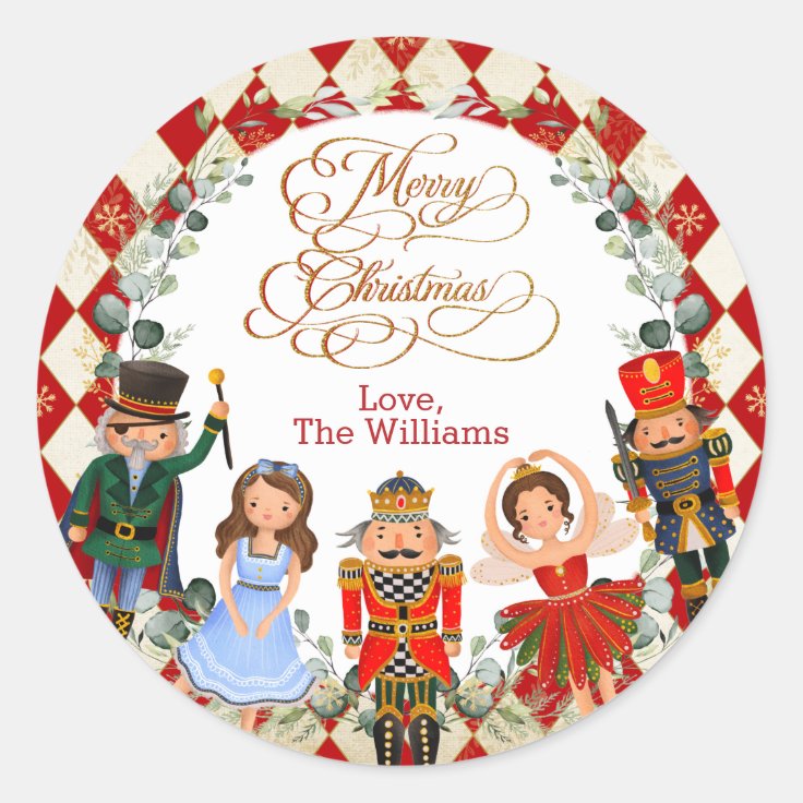 Red Gold Nutcracker Merry Christmas Party Favors Classic Round Sticker ...