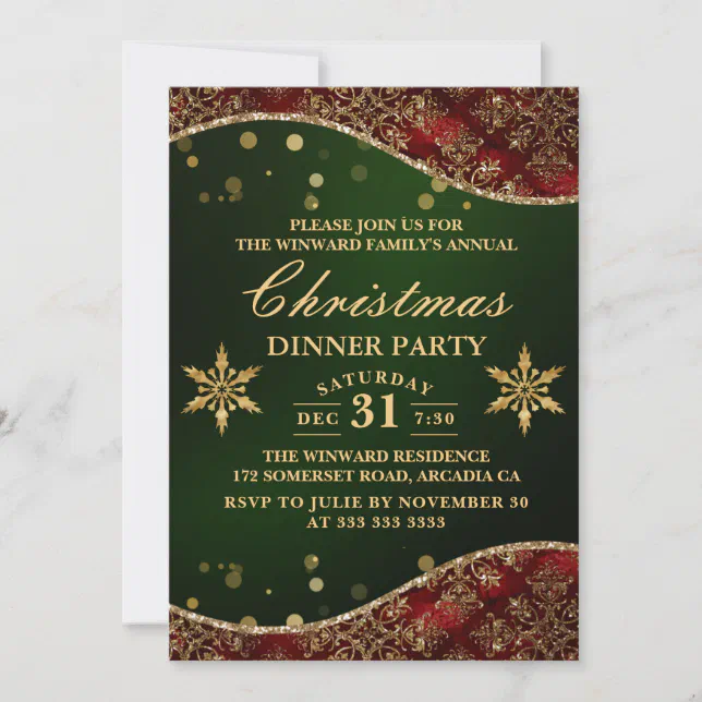 Red & Gold Ornate Velvet Waves Christmas Dinner Invitation | Zazzle