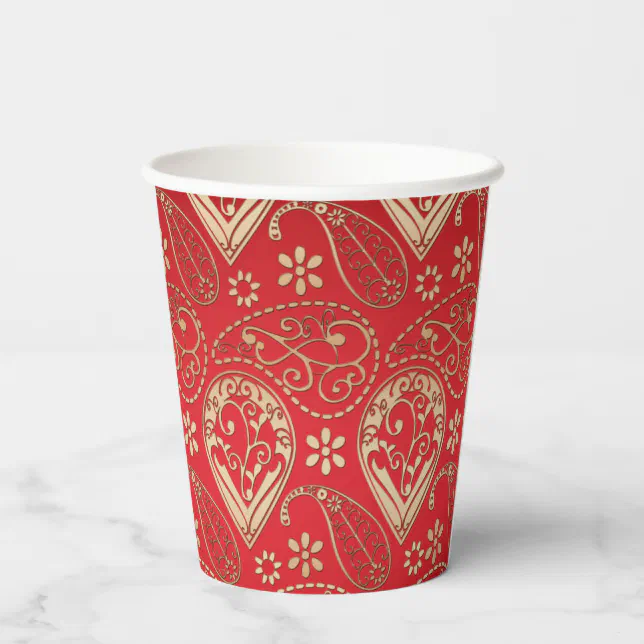 Red Gold Paisley Bandana Pattern Paper Cups | Zazzle