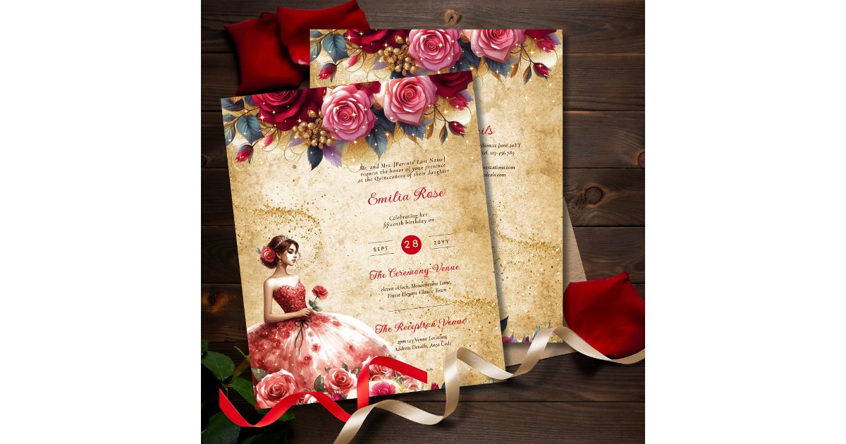 Red Gold Quinceanera Dress Vintage Parchment Theme | Zazzle