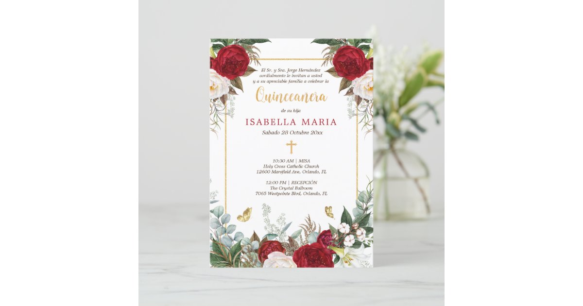 Red & Gold Quinceanera Invitation in Spanish | Zazzle