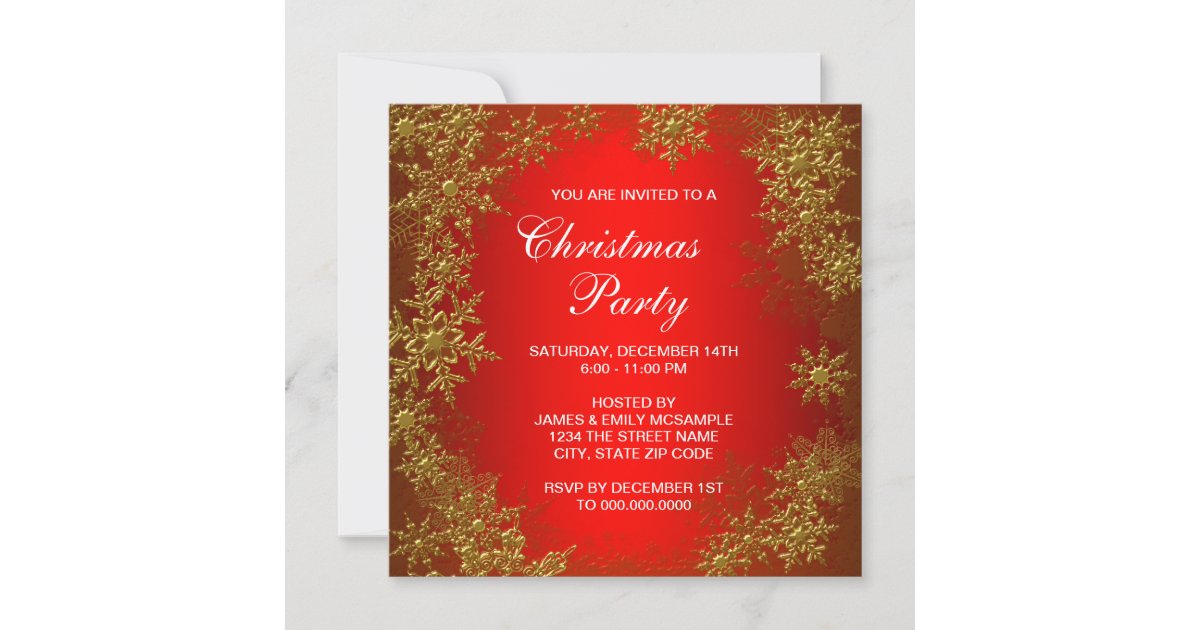 Red Gold Snowflake Christmas Party Invitation | Zazzle