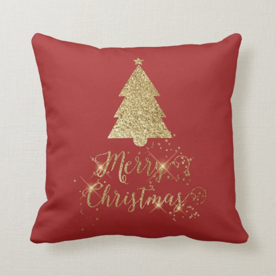Red Gold Sparkle Merry Christmas Tree Throw Pillow | Zazzle.com
