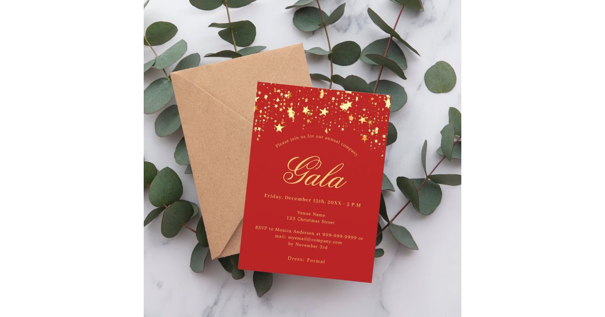 Red gold stars annual company gala invitation | Zazzle