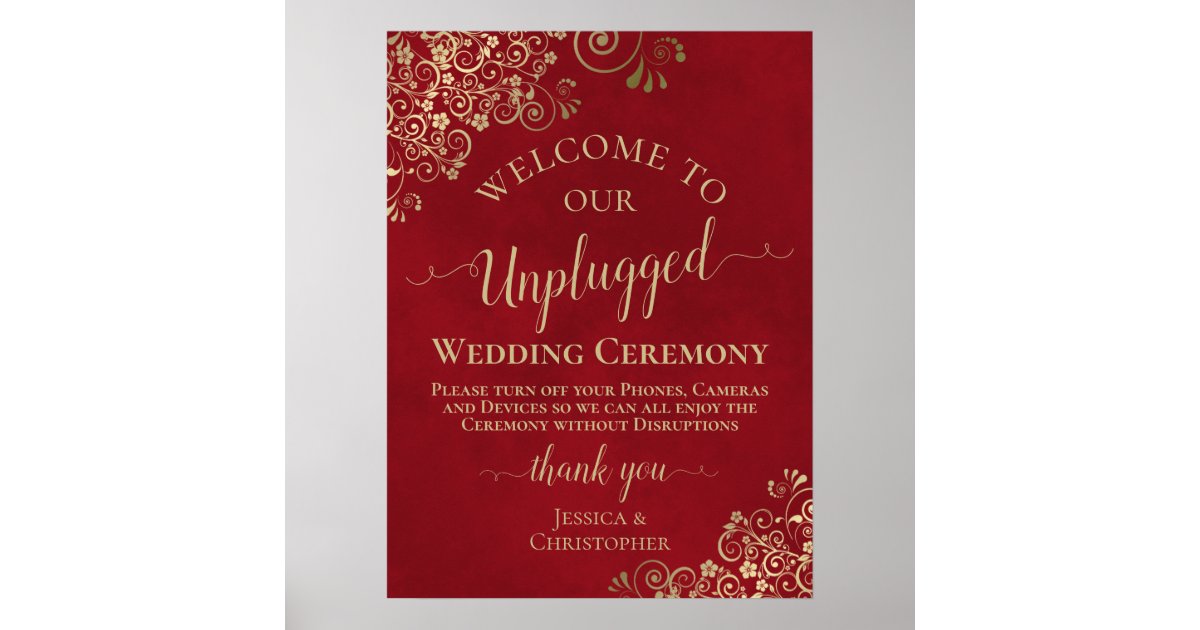 Red & Gold Stylish Unplugged Wedding Ceremony Poster | Zazzle