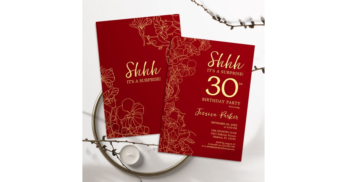 Red Gold Surprise 30th Birthday Invitation | Zazzle