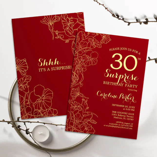 Red Gold Surprise 30th Birthday Party Invitation | Zazzle