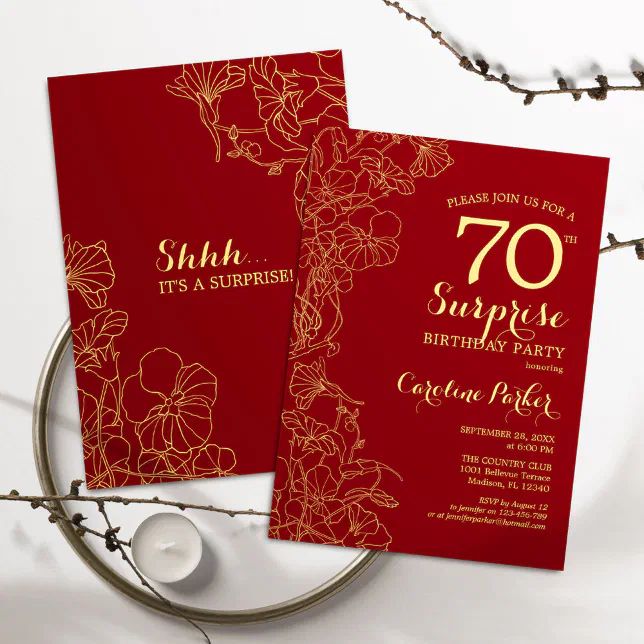 Red Gold Surprise 70th Birthday Party Invitation | Zazzle