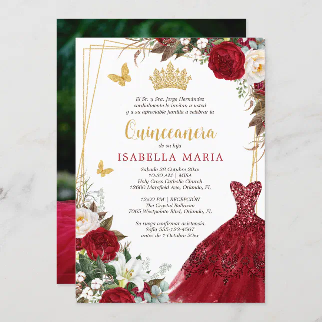 Red Gold Tiara Quinceañera Invitation in Spanish | Zazzle