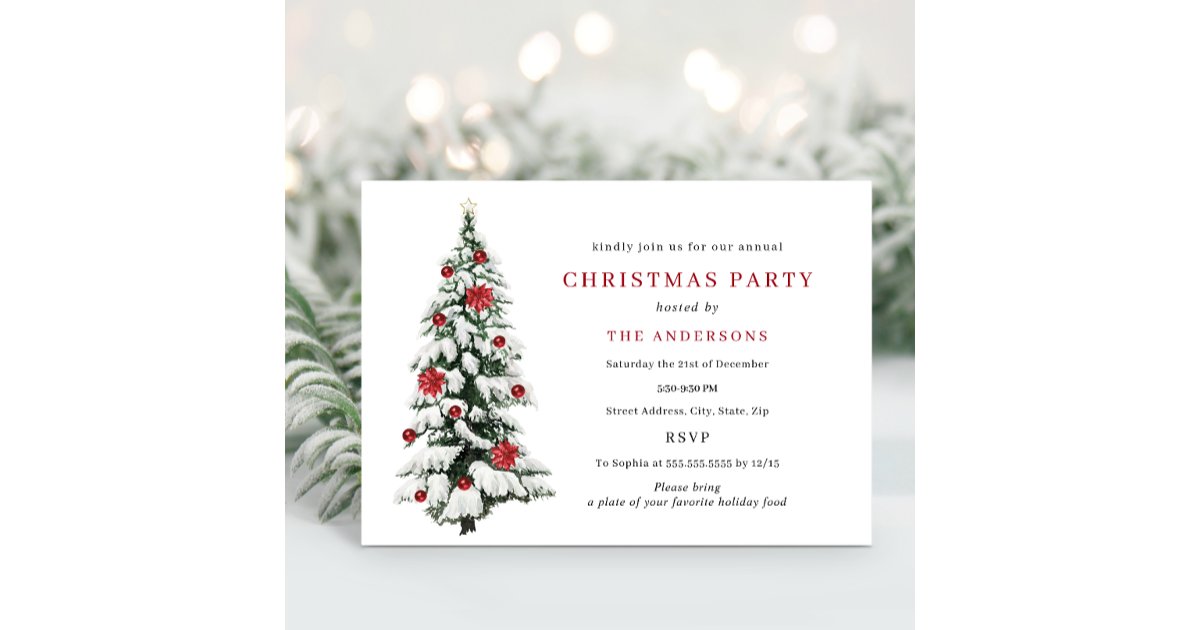 Red Gold Traditional Tree Christmas Party Invitation | Zazzle