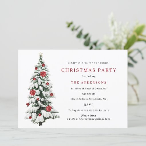 Red Gold Traditional Tree Christmas Party Invitation | Zazzle