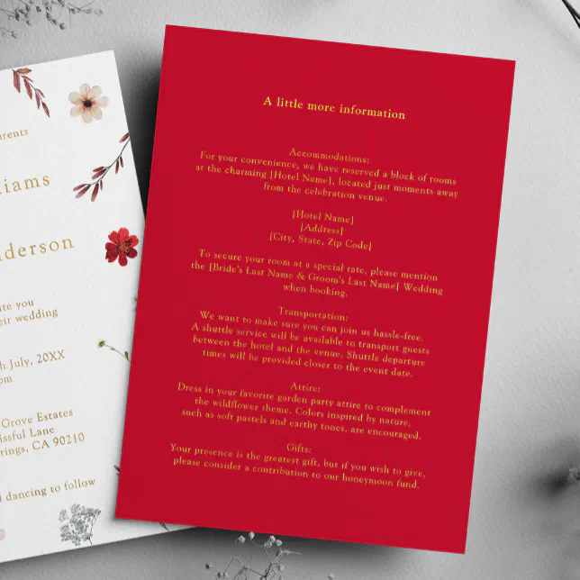 Red Gold Wedding Details Card | Zazzle