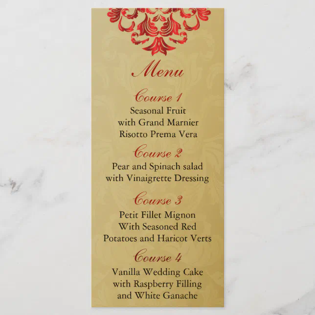 red gold Wedding menu | Zazzle