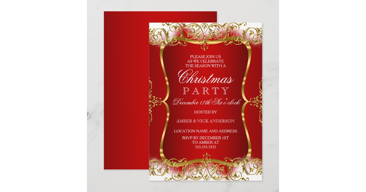 Red Gold White Damask Christmas Party Invite | Zazzle