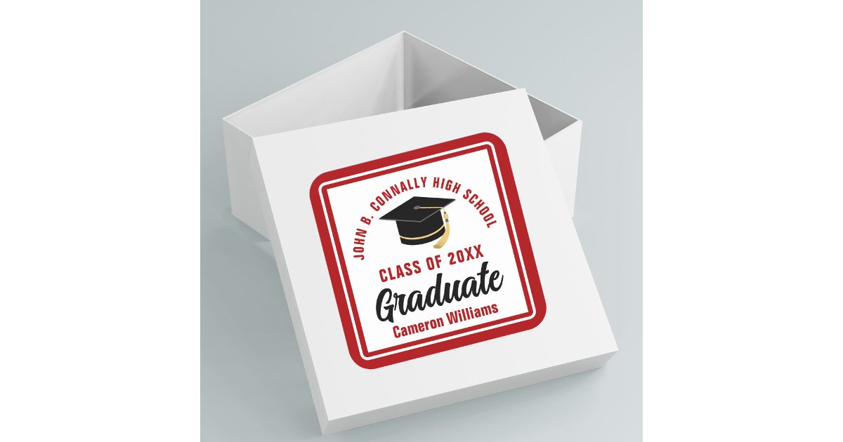 Red Graduate Personalized Graduation Party Square Sticker | Zazzle