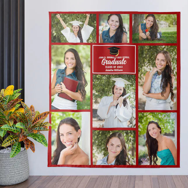 Red Graduate Photo Collage Custom Graduation Party Tapestry | Zazzle