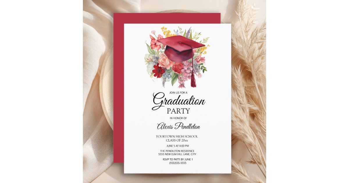 Red Graduation Cap Pink Floral Graduation Invitation | Zazzle