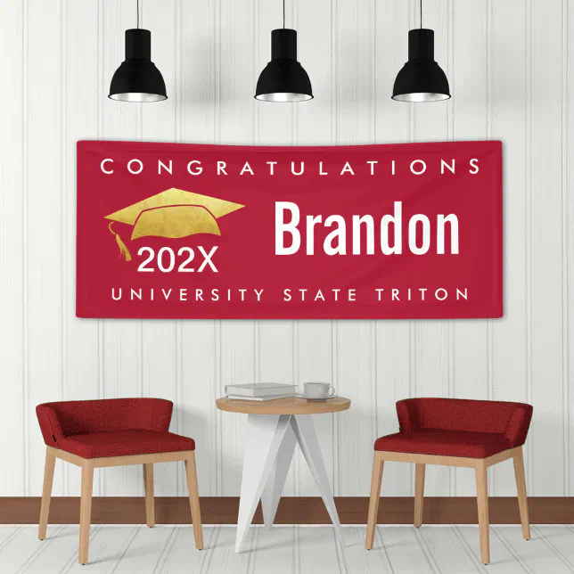 Red Graduation Gold Cap Modern Bold Graphic Simple Banner | Zazzle