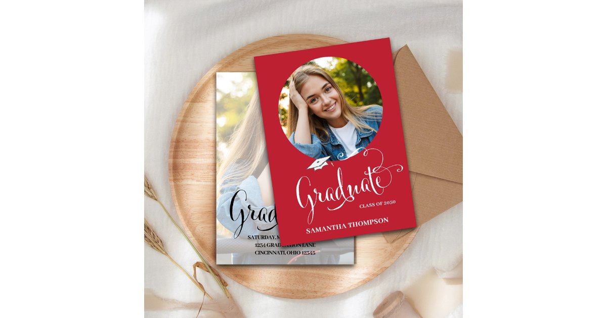 Red Graduation Party Script Photo Custom Invitation | Zazzle