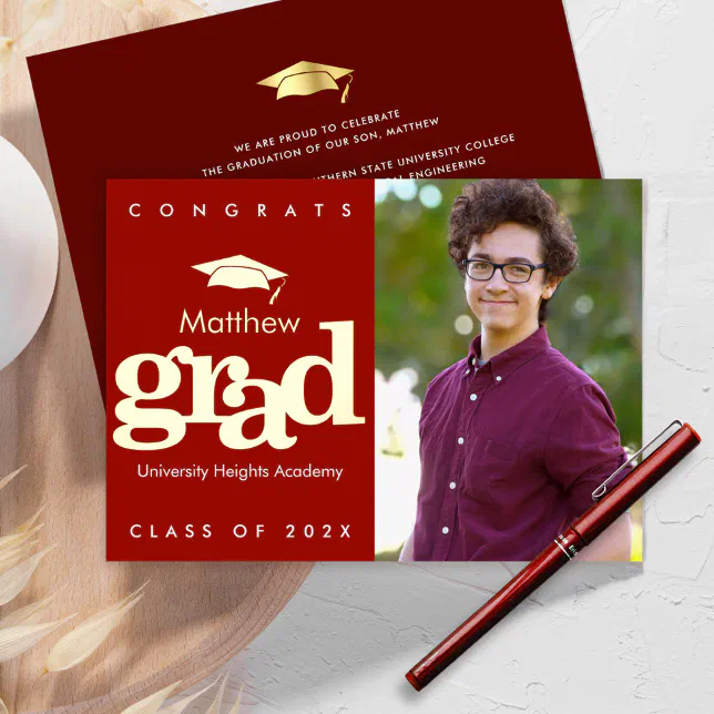 Red graduation photo bold typography cap real gold foil invitation | Zazzle