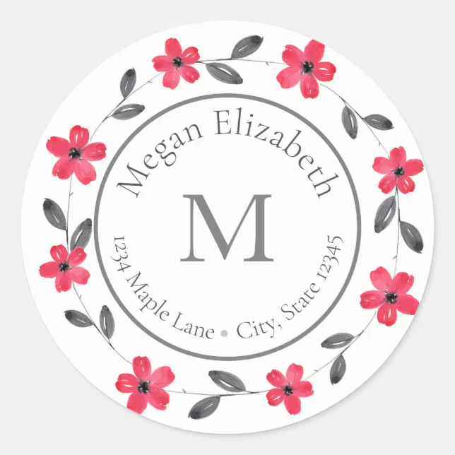 Red Gray Black Watercolor Floral Wreath labels | Zazzle
