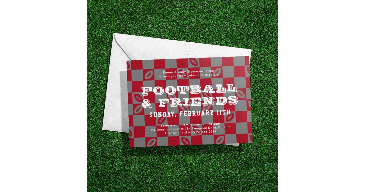 Red Gray Checkerboard Football Game Watch Party Invitation | Zazzle