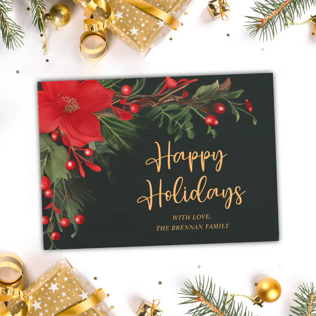 Red Green Christmas Non Photo Elegant Watercolor Holiday Card | Zazzle