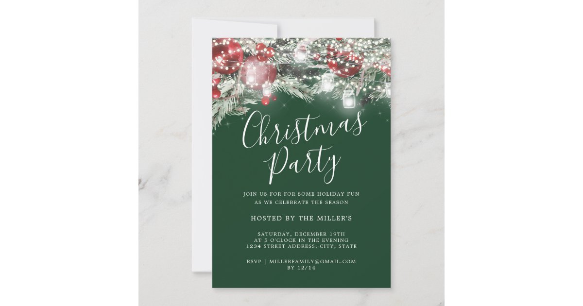 Red Green Festive Foliage Lights Christmas Party Invitation | Zazzle