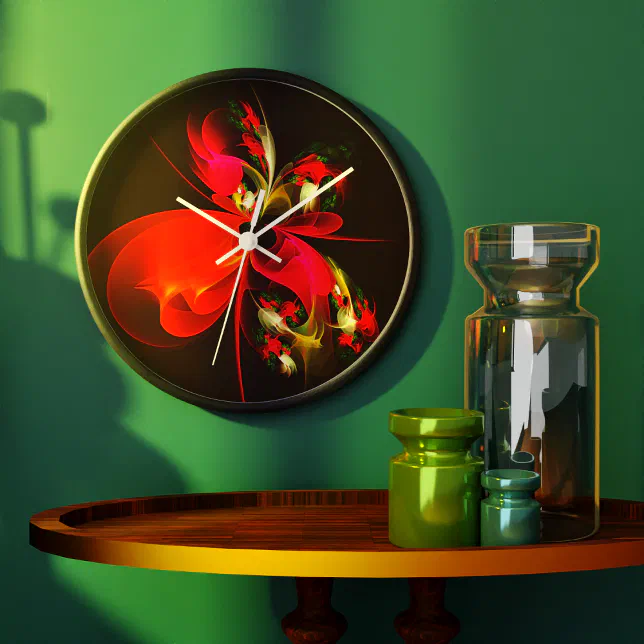 Red Green Floral Modern Abstract Art Pattern #02 Large Clock | Zazzle